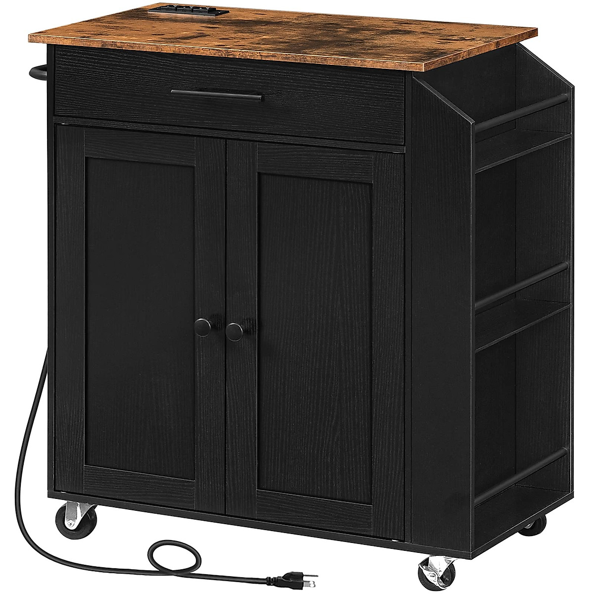 HOOBRO Kitchen Island with Power Outlet, Kitchen Storage Island with Spice Rack and Drawer, Rolling Kitchen Cart on Wheels, for Home, Kitchen and Dining Room, Rustic Brown and Black