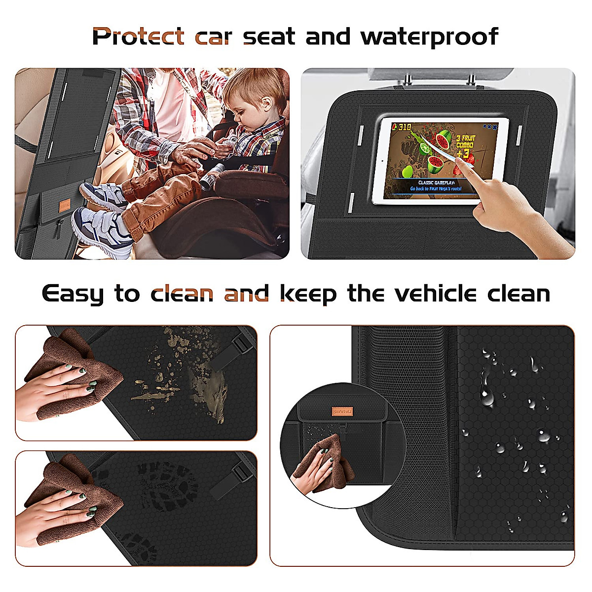 SMART ELF Backseat Car Organizer with iPad Holder + 6 Storage Pockets, Back Seat Protectors Kick Mats for Child Baby Kids, Premium Fabric with Sag Proof, Waterproof