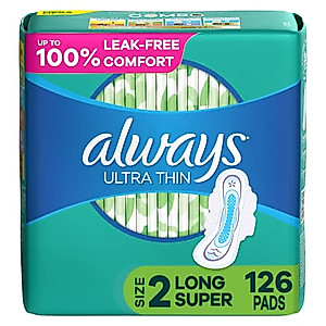 Always Ultra Thin Feminine Pads with Wings for Women, Super Absorbency, Unscented, Size 2, 126 Count