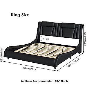 Modern Upholstered Bed Frame with Adjustable LED Headboard, Pu Leather Platform Bed with Wave-Like Curve Design and Solid Wooden Slats Support, No Box Spring Needed, Noise Free, King, Black