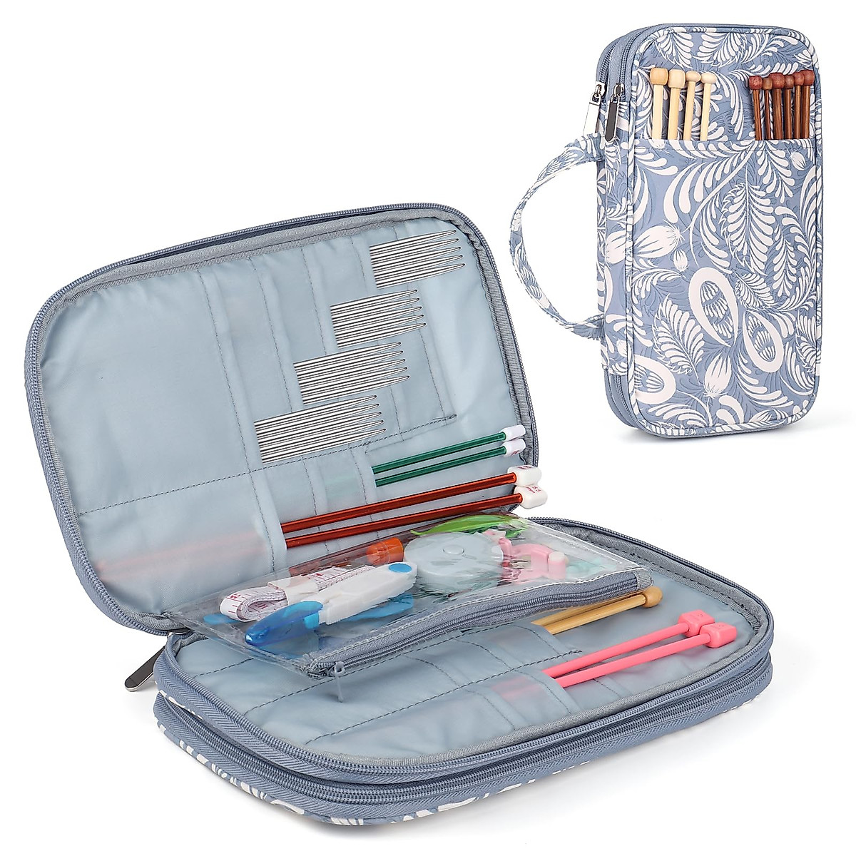Katech Empty Knitting Needles Case Portable Travel Crochet Hooks Case Zipper Storage Bag Organizer with Transparent Pocket and Holder Slots for Carrying Knitting Needles and Crochet Accessories (Grey)