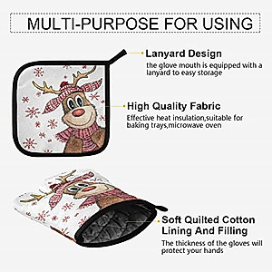 Cute Christmas Winter Deer Oven Mitts and Pot Holders Set Xmas Reindeer Funny Snowflake Hot Pad Glove Baking for New Year Holiday Seasonal Decor Kitchen Cooking BBQ Baking Bakeware