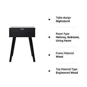 Cloud Space Mid Century Modern Nightstand, Black End Table with a Storage Drawer, Versatile Wood Side Table for Bedroom, Living Room, Lounge, Stable and Sturdy Design