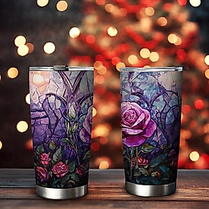 ORCAE 20oz Colorful Rose Flower, Crystal Stained Glass Style Flowers, Pink Purple Rose Tumbler Cup, Insulated Travel Mug with Lid, Coffee Thermos for Women, Gifts for Women - M