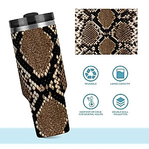 Yasala Car Tumbler with Handle Fancy Snakeskin Brown Travel Mug Coffee Cup Insulated Beverage Container Mega Cup for Hot Cold Drinking Thermos Water Bottle Cupholder Friendly 40 oz