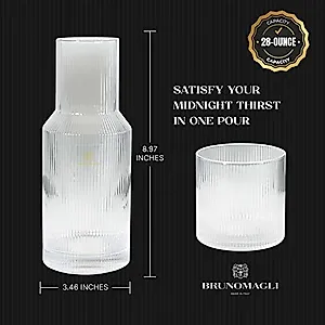 Bruno Magli Ribbed Carafe | 2-Pc Set | Drinking Glass Tumbler Doubles as a Lid | Elegant Nightstand Water Pitcher with Matching Cup for Office, Home, & Guest Room Décor | Gift Boxed (Clear)