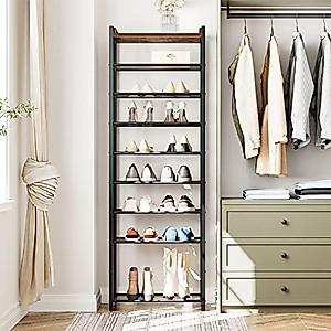 HOOBRO 10 Tier Shoe Rack, Narrow Shoe Storage Organizer with 9 Metal Shelves, Saving Space, Stable and Sturdy, Hold 18-27 Pairs of Shoes, for Entryway, Hallway, Living Room, Rustic Brown BF40XJ01
