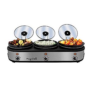 MegaChef Warmer Elite 2.5 Quart Slow Cooker and Buffet Server in Brushed Silver and Black Finish with 3 Ceramic Cooking Pots and Removable Lid Rests
