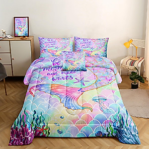 ROWADALO 6 Pieces Mermaid Scale Glitter Comforter Set Fish Scale Shell Starfish Girls Bedding Set,Gradient Rainbow Mermaid Tail Bed in A Bag Queen Size Complete Set for Girls Bedroom,MRY502-Queen