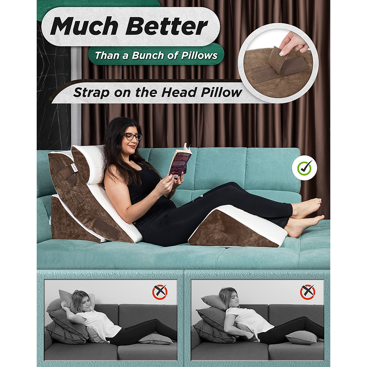 Lunix LX5 4pcs Orthopedic Bed Wedge Pillow Set, Post Surgery Memory Foam for Back, Leg Pain Relief, Sitting Pillow, Adjustable Pillows Acid Reflux and GERD for Sleeping, with Hot Cold Pack, Brown