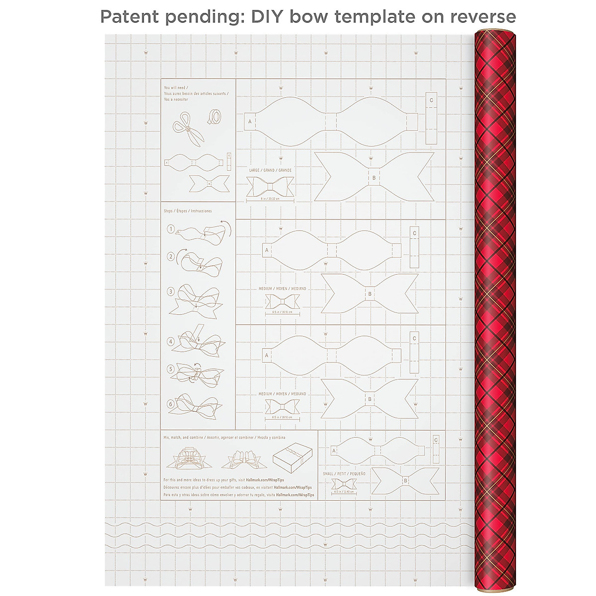 Hallmark Holiday Wrapping Paper with DIY Bow Templates on Reverse (3 Rolls: 120 sq. ft. ttl) Red Plaid, Stripes, Polka Dots for Christmas, Valentines Day, Birthdays, Graduations