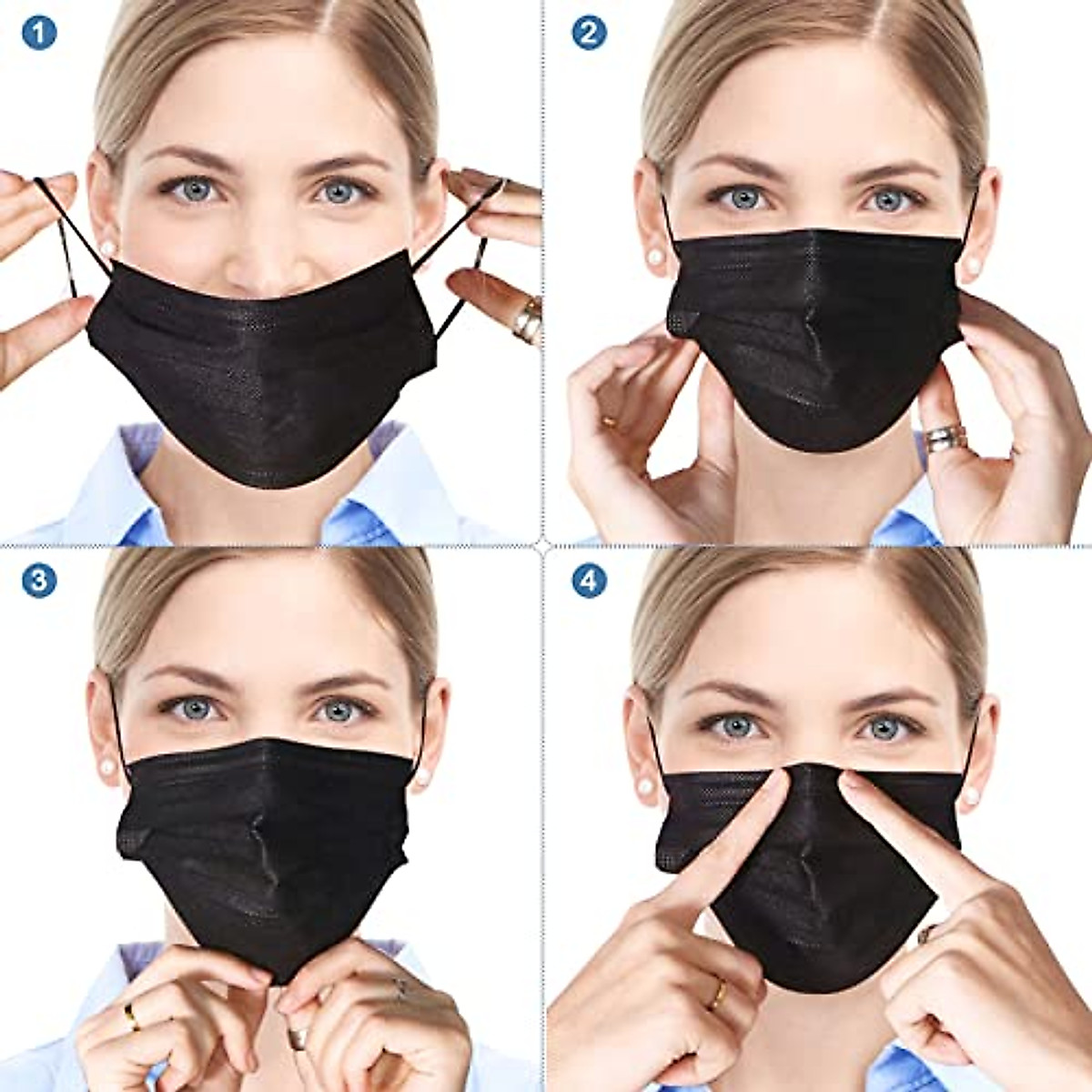 SOOQOO Masks Disposable 100Pcs,with Elastic Loop, Breathable Comfort, 3-Ply Masks, Waterproof, Adjustable Clip, Skin-Friendly Fabric (Black)
