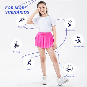 Caprilite 3 Pack Girls Flowy Shorts with Pockets, 2-in-1 Youth Flowy Butterfly Skirts Running Shorts for Sports,Fitness,Tennis