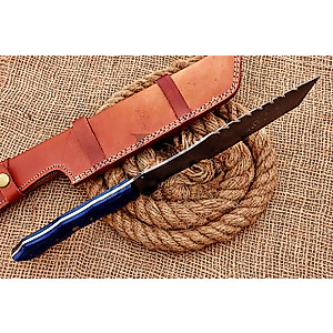 HUNTEX Unique Custom Handmade Hand-Forged Twist Pattern Damascus Steel 14 Inch Long Full Tang Pakka Wood Handle Razor Sharp Hunting Camping Tracker Knife with Genuine Leather Sheath