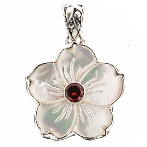 White Mother of Pearl Flower Shell Garnet 925 Sterling Silver Pendant, 1 7/16"