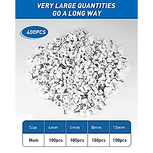400pcs Cable Wire Clips Circle Cable Clips with Steel Nail 4、6、8、10mm Management RG6 RG59 CAT5 CAT6 RJ45 Electrical Ethernet Dish TV Speaker Cord Tie Holder Single,White Plastic,Coax,Coaxial Clamps