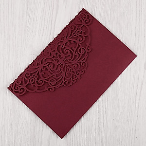 DORIS HOME 50pcs Burgundy Customized 4.7x7 Inch Wedding Invitation Kits Laser Cut Hollow Rose Pocket Wedding Invitations with Envelopes For Wedding Bridal Shower Engagement Invite