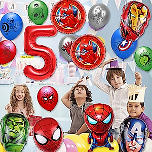 16PCS Superhero Birthday Party Balloons Spider Foil Balloons，Children's Superhero Theme 5th Birthday Party Decorations (5 Years old)