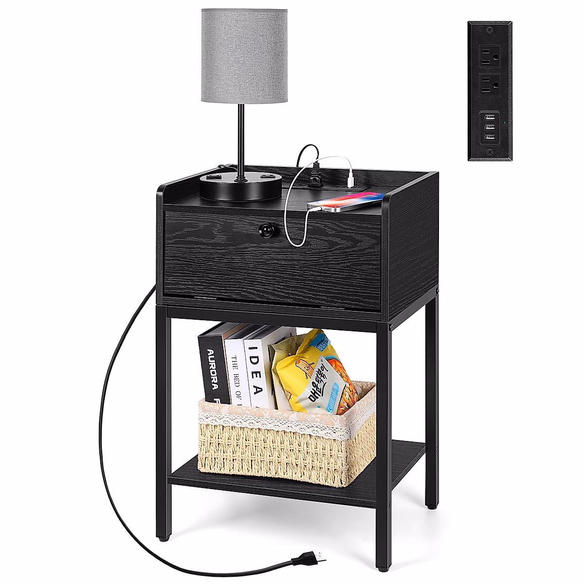 Night Stand with Charging Station, End Tables Living Room, Bed Side Table with Drawers, End Table with Storage, Small Side Table for Small Spaces, Night Table for Bedroom, Skinny Side Table for Couch