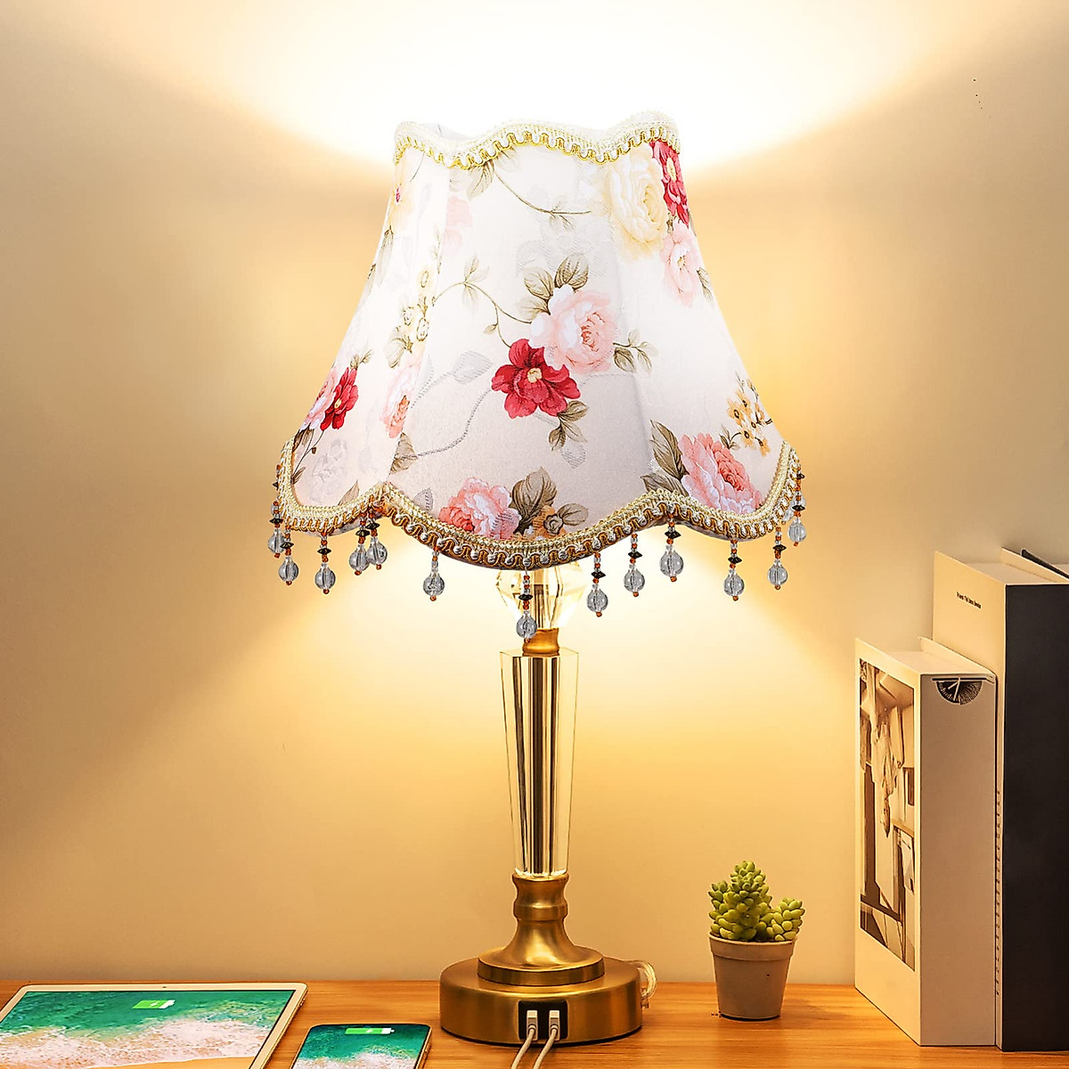 Yardwe Vintage European Lampshade with Flower Pattern Vintage Cloth Art Fringe Bead Lampshade with Tassel Fabric Dome Lamp Shade for Living Room Bedroom E27