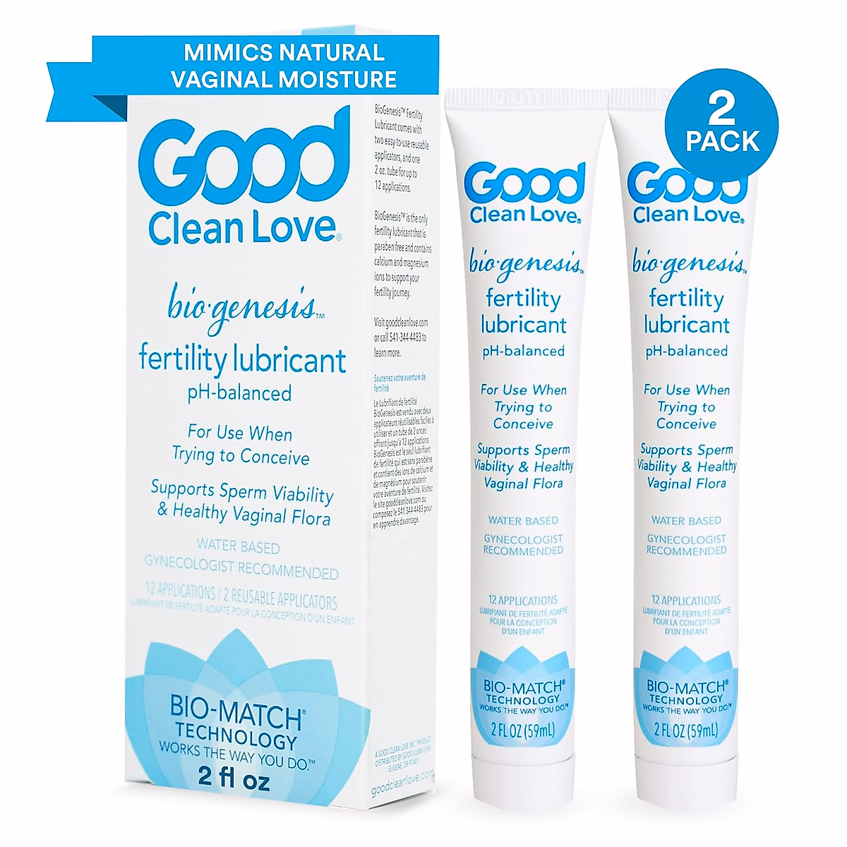 Good Clean Love Biogenesis Fertility-Friendly Lubricant, Water-Based Lube for Women & Couples Trying to Conceive, with Magnesium and Calcium Ions, Personal Lubricant, Safe for Toys, 2 Oz (2-Pack)