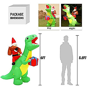 BOOWOO 6 FT Christmas Dinosaur Inflatable Decoration, Inflatable Santa Ride on Dinosaur, Christmas Inflatable Yard Decoration for Xmas Outdoor Garden