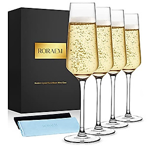 RorAem Champagne Flutes - Hand Blown Champagne Flutes Set of 4 Modern Champagne Glasses Crystal Champagne Flute Gifts for Wedding Birthday Party 8oz