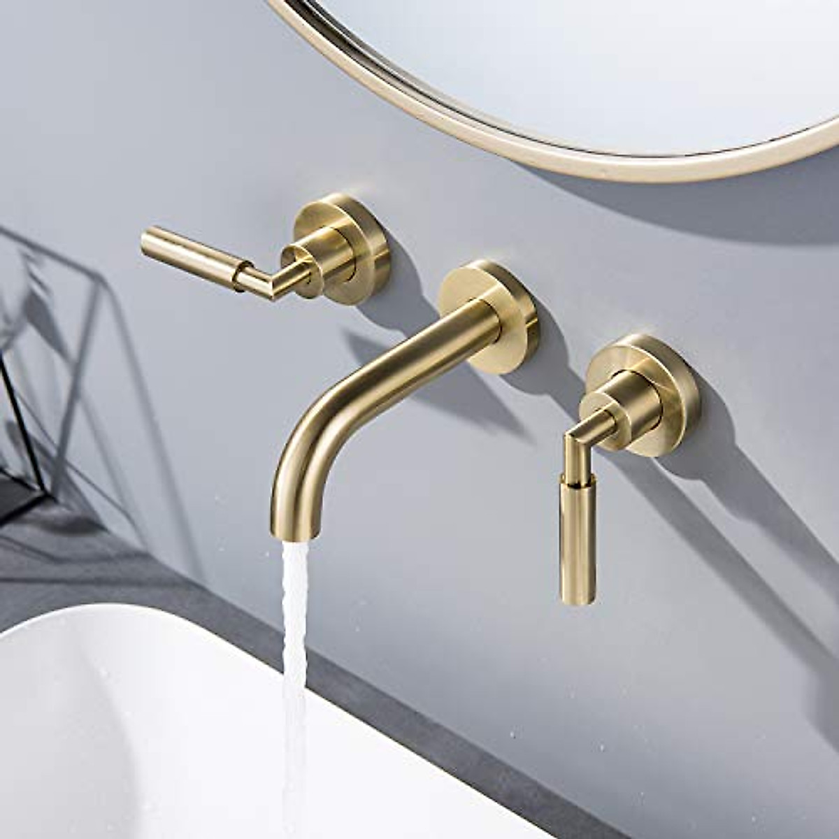 RBROHANT Brushed Gold Wall Mount Bathroom Faucet, Wall Mounted Sink Faucet, Dual Handle, Solid Brass, Rough-in Valve Included
