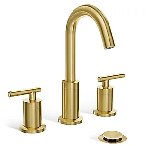 Phiestina Brushed Gold Bathroom Sink Faucet, Widespread 8 Inch 3 Hole Rotatable 360 Degree Modern Bathroom Faucet, with Pop Up Drain and Water Supply Line, WF03-1-BG