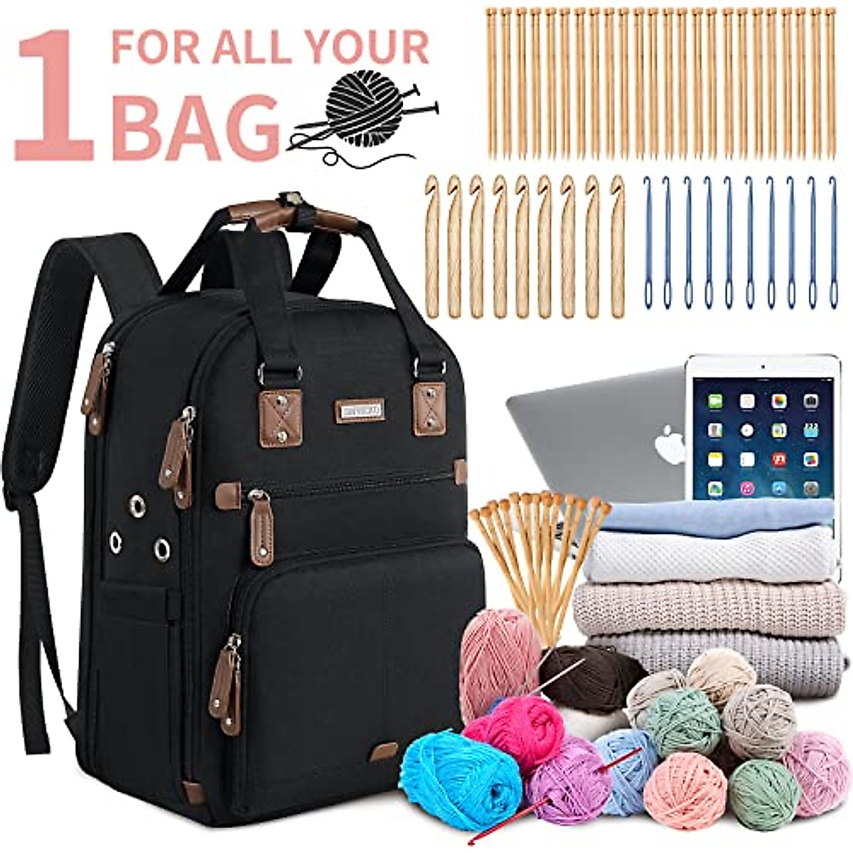 Crochet Bag, Knitting Bag Backpack and Totes Organizer with USB Charging Port, Large Yarn Storage Tote Bag Yarn Holder Case for Carrying Projects, Knitting Needles, Crochet Hooks,fits 15.6 inch Laptop