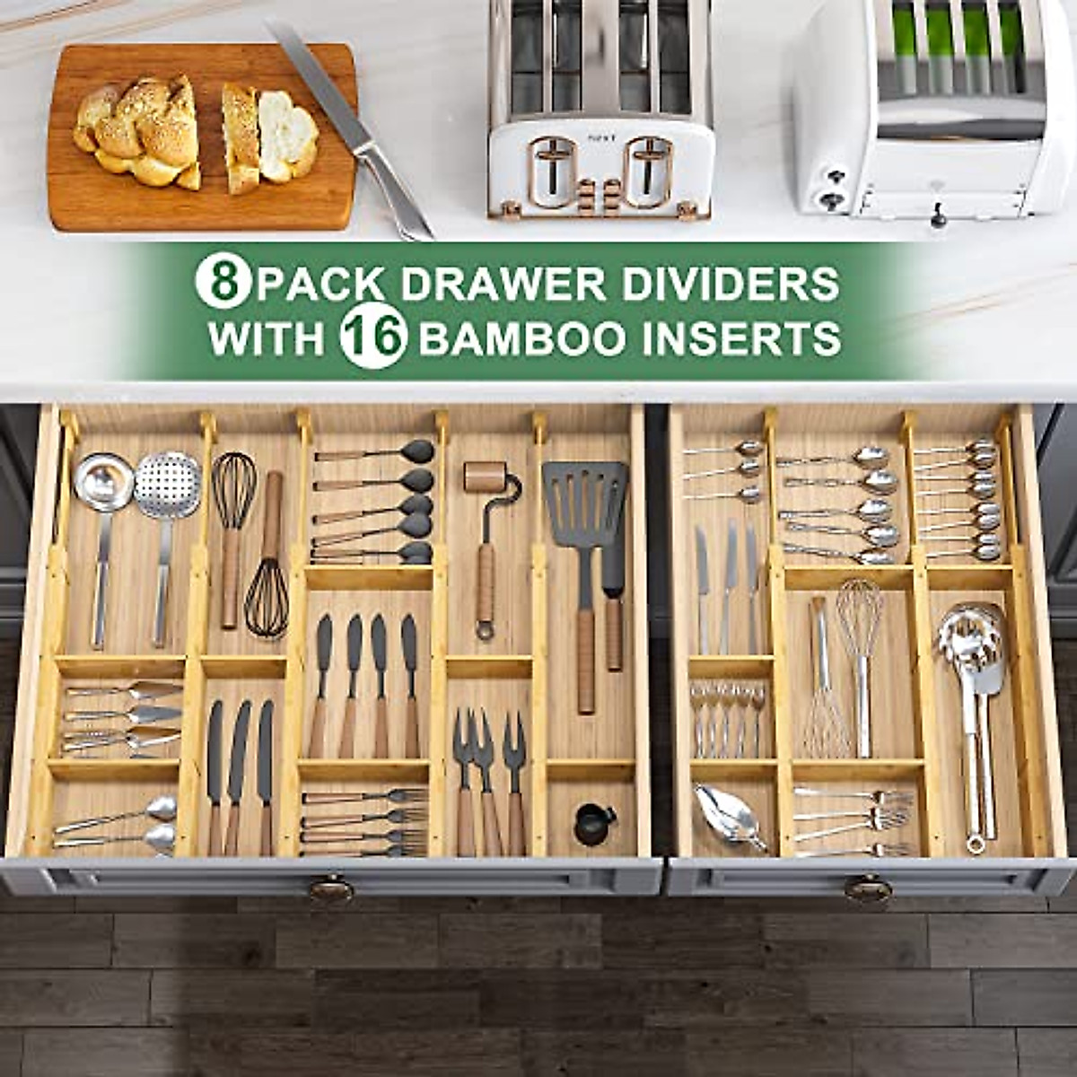 kiplant 8 Pack Bamboo Drawer Dividers with 8 Inserts, Kitchen Drawer Dividers from 16.5-22IN, Stackable Bamboo Drawer Organization for Kitchen & Dressers, 8 Dividers with 16 Inserts