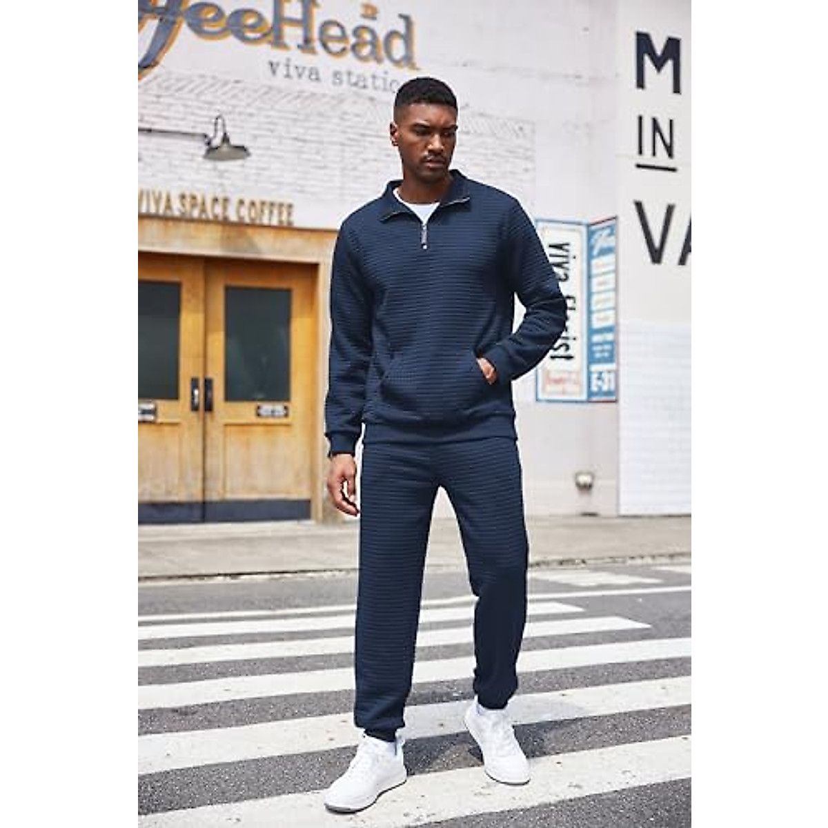 COOFANDY Men's Tracksuit 2 Piece Quarter Zip Sweatsuit Workout Plaid Jacquard Jogging Suit Set