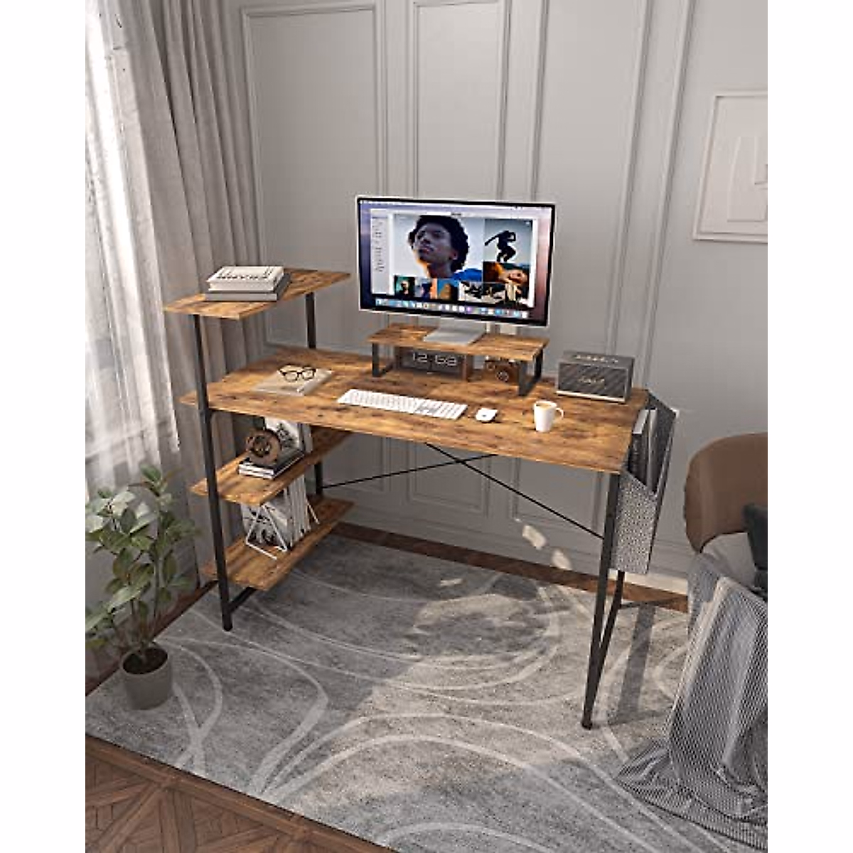 Innerjoin 47 inch Computer Desk with Shelves, Home Office Desk with Monitor Stand, 4 Tier Shelves, Storage Bag, Metal Frames, Rustic Brown