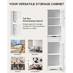 Gizoon 67" H Tall Bathroom Storage Cabinet w/ 2 Doors & 1 Drawer, Narrow Linen Tower Freestanding w/Adjustable Shelves for Home, Kitchen, Versatile, Anti-Tipping, White