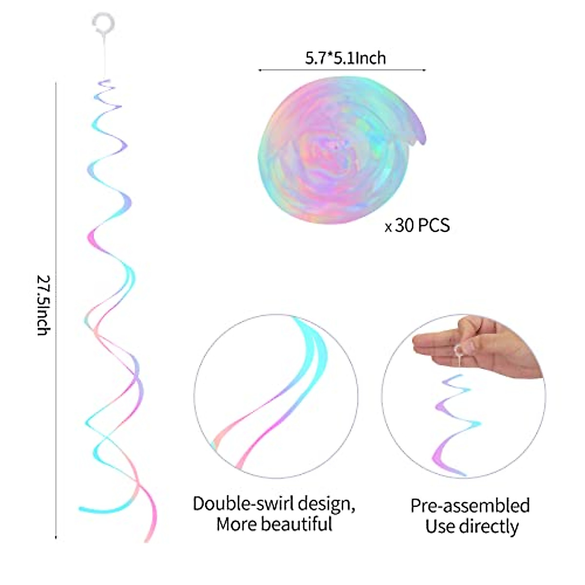 30 Pieces Iridescent White Hanging Swirls, Foil Swirl Hanging Decorations Plastic Steamers for Ceiling, Dangling Whirls Wedding Baby Shower Birthday Party Decorations