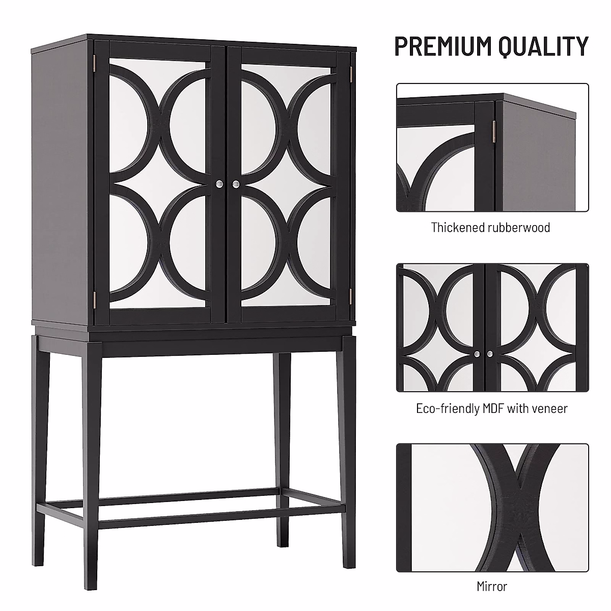 JIEJIEGAO Double Mirror Door Bar Cabinet, Wine Solid Rubber Wood Rack Cabinet, with 8 Wine Glass Holder Sideboard, with Featuring Two-Tier Storage, Wooden Storage Cabinet, Kitchen Organizer