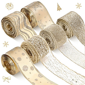 Jutom 6 Rolls Champagne Christmas Ribbon Wired 1.5 Inch Gold Christmas Tree Ribbon Glitter Mesh Ribbon Satin Snowflake Ribbon for Crafts, Gift Wrapping, Tree, Wreaths, Garland Total 36 Yard