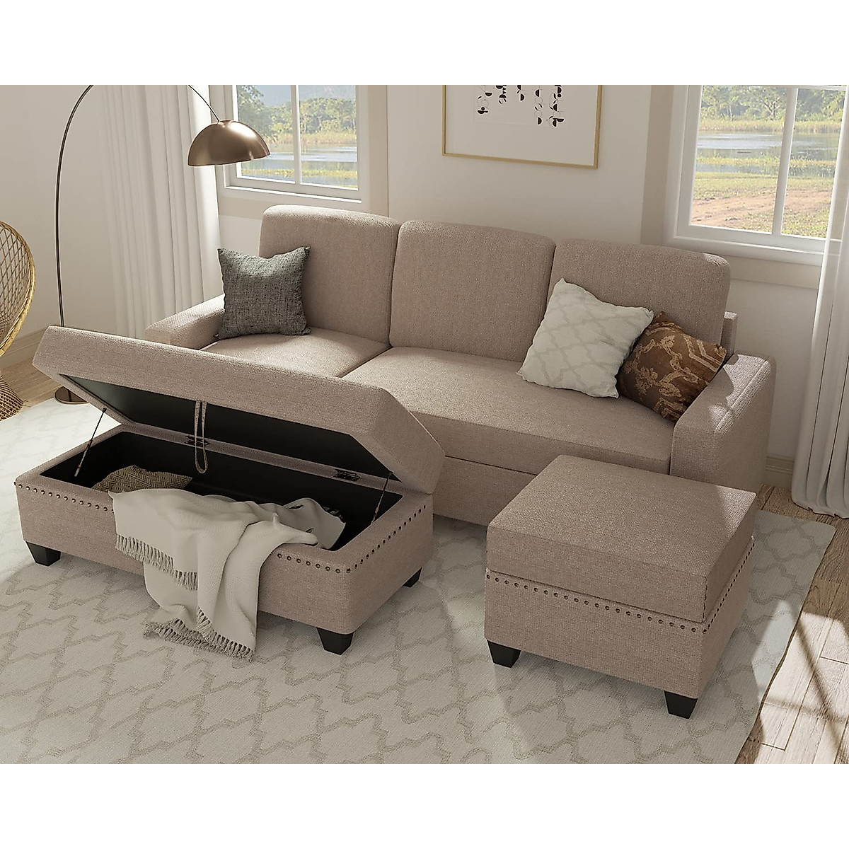 Ucloveria 81" Reversible Couch with Storage Chaise L-Shaped Apartment, Sectional Ottoman,Nailhead Textured Linen Fabric 3 Pieces Sofa Set,Warm Grey