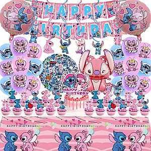 Stitch Party Supplies, 101PCS Birthday Decorations Set Include Banner, Balloons, Stickers, Hanging Swirls, Cake Cupcake Toppers, Tablecloth for Girls Pink Stitch Theme Party