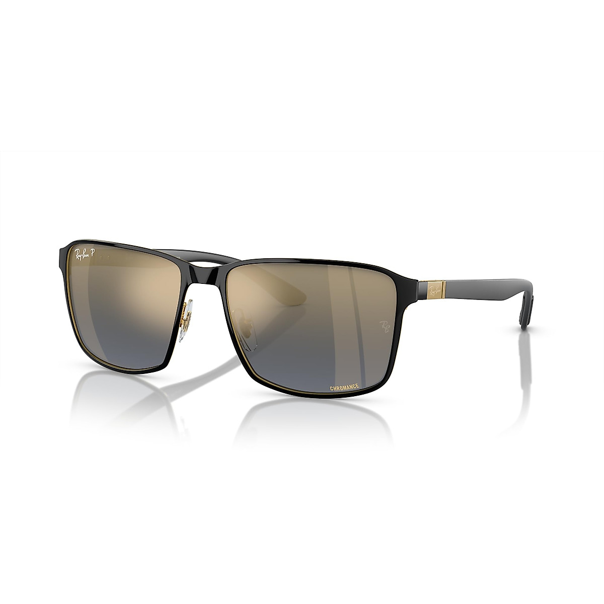 Ray-Ban Rb3721Ch Chromance Square Sunglasses, Black On Gold/Blue Mirrored Gold Polarized, 59 mm