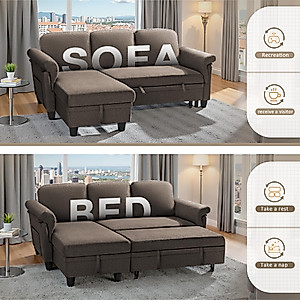 Shahoo Sofa Bed L-Shaped Sectional Couches,Convertible Couch, Sleeper with Pull Out Beds,Storage Chaise,for Living Room,Apartment(Cotton Brown)