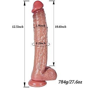 12.5 Inch XL Realistic Dildos Small Glans Extra Long Life Like Skin, Dual Density Silicone Fat Huge Dildo with Big Suction Cup, Giant Product Thick Large Toy for Women Fake Penis