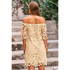PRETTYGARDEN Women's Summer Off Shoulder Vintage Floral Lace Flare Short Sleeve Loose Elegant Mini Dress (Apricot,Medium)