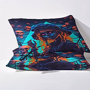 Halloween Sheets Full Size, Witch Skull Bed Sheets, Patterned Bedding Sheets & Pillowcases 4 Piece Set - Soft Microfiber Deep Pocket Fitted Sheet & Flat Sheet & 2 Pillow Cases L6-&-205