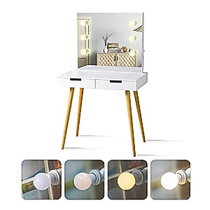 Makeup Vanity Set with 6 LED Lights, Makeup Vanity Desk with 2 Drawers & Large Desktop, 3-Color Adjustable Brightness LED Dressing Table with Cushioned Stool, for Women Girls