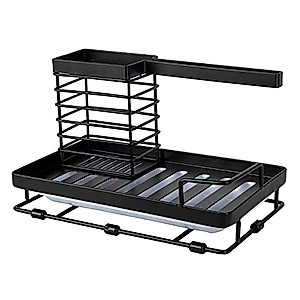 Mlesi Kitchen Sink Caddy Organizer, Soap and Dish Sponge Holder with Drain Tray, Countertop Soap Dispenser Scrubber Brush Dishcloth Storage Rack Rust-Proof Black