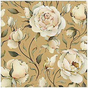 HAOKHOME Vintage Roses Floral Peel and Stick Wallpaper Peonies Removable Yellow/Beige/Olive Vinyl Self Adhesive Mural 17.7in x 9.8ft