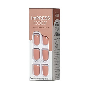 KISS imPRESS Color Press-On Nails, Gel Nail Kit, PureFit Technology, Short Length, Sandbox, Polish-Free Solid Color Manicure, Includes Prep Pad, Mini Nail File, Cuticle Stick, 30 Fake Nails