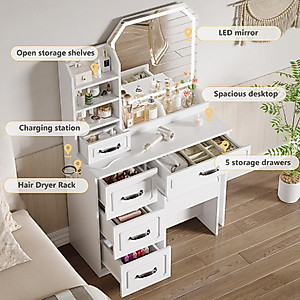 Makeup Vanity Desk with Lights and Charging Station, White Vanity Set with 5 Drawers & Stool for Girls Women Vanity Dressing Table for Bedroom, 3 Lighting Modes Adjustable Brightness