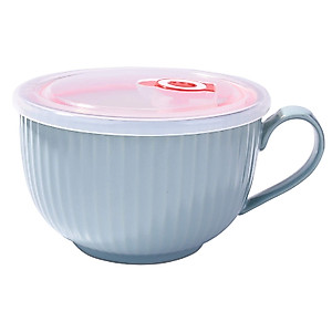 BOSILI Ceramic Soup Bowls with Handles Microwave Safe Bowl with Lid Microwavable Soup Mug with Lid Large Soup Cups for Ramen Noodle Cereal